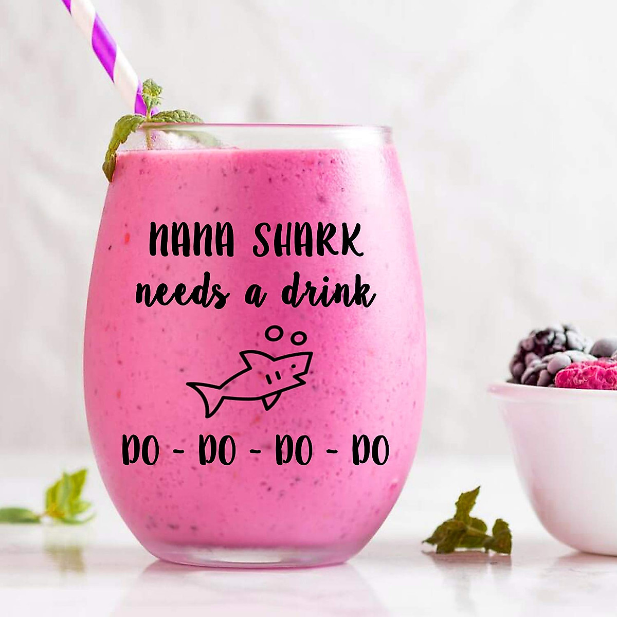 Nana Shark Needs a Drink Do Do Do Do Funny Novelty Stemless Wine Glass with Sayings - Gifts for Grandmas - Birthday, Holiday, Mothers Gifts