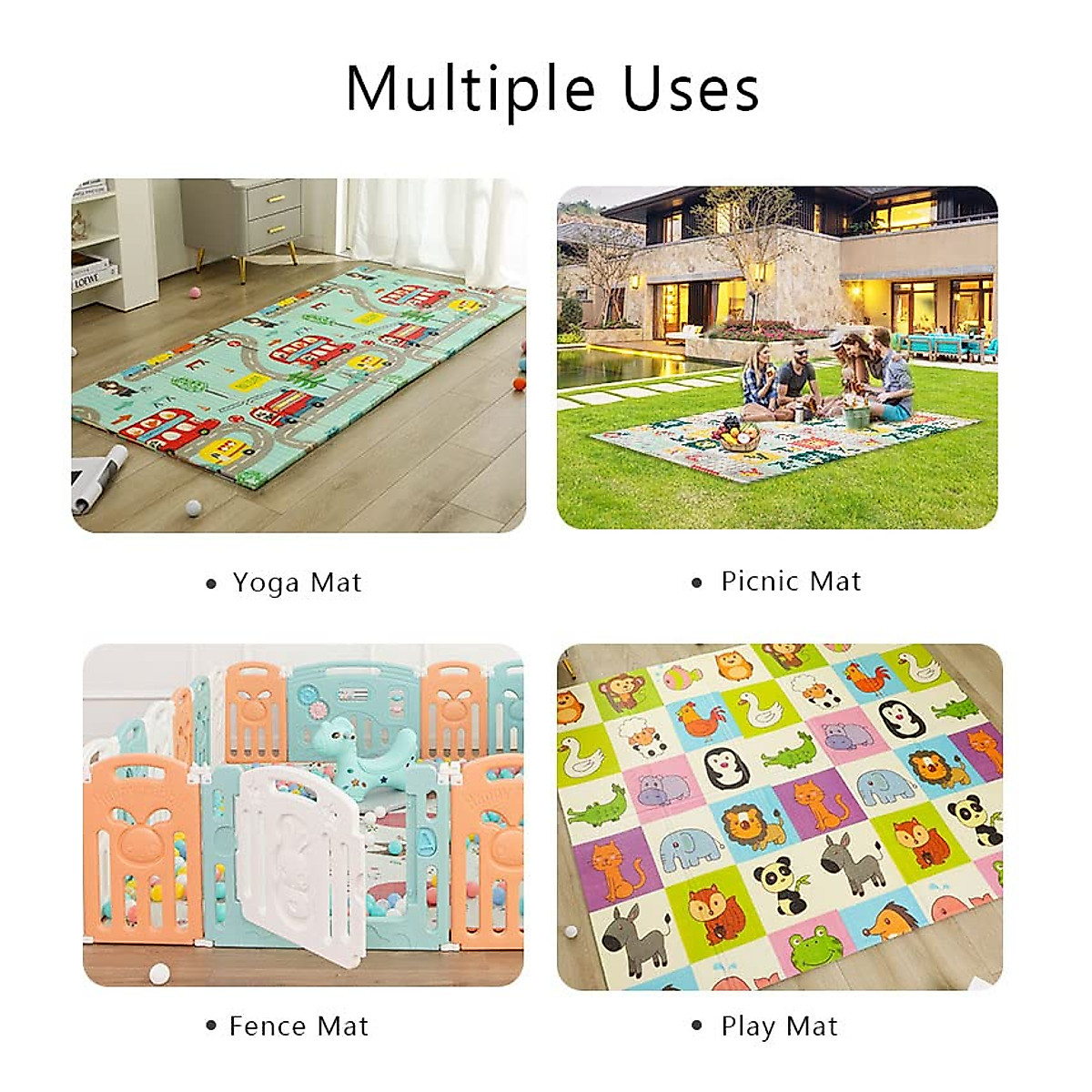 79 x 71” Baby Play Mat Reversible Foldable Floor Playmat Extra Large Thick Foam Playmat Non-Toxic Waterproof Crawling Mat for Infants Toddlers and Kids Indoor Outdoor Use (Car-Animal)