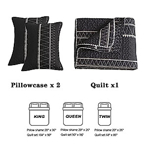 Homuno Black Quilt Set Queen Size 3-Piece Set (90 x 96 Inches), Bohemian Style All-Season Lightweight Reversible Microfiber Bedspread Set (1 Piece Quilt Set, 2 Pieces Pillowcase)
