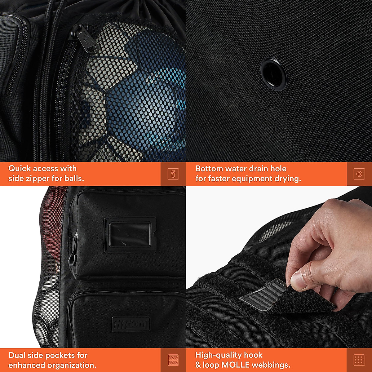 Fitdom Heavy Duty XL Soccer Mesh Equipment Ball Bag w/Adjustable Backpack Shoulder Strap Design for Coach. 2 Different Size Front Pockets for Sporting Accessories. Best for All Outdoor & Water Gears