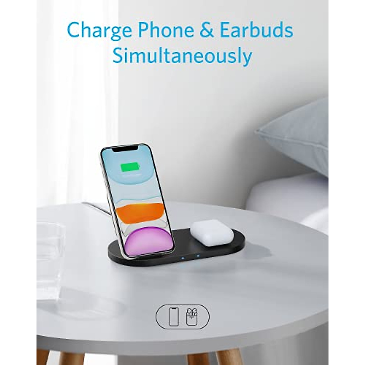 Anker Wireless Charging Station, PowerWave Sense 2-in-1 Station with 5 ft USB-C Cable, for iPhone 14/14 Pro/14 Pro Max/13/13 Pro Max, Samsung, AirPods and More (Adapter Not Included)