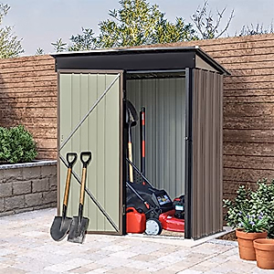 5ft x3ft Patio Garden Shed, Metal Lean-to Storage Shed with Lockable Door, Tool Cabinet for Backyard, Lawn, Garden, Brown