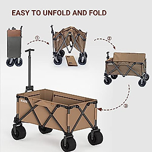 IKARE Heavy Duty Folding Wagon Cart with 330lbs Large Capacity, Portable Outdoor Beach Wagon, Utility Camping Garden Cart with All-Terrain Removable Wheels, Adjustable Handle, Built-in Double Bearing