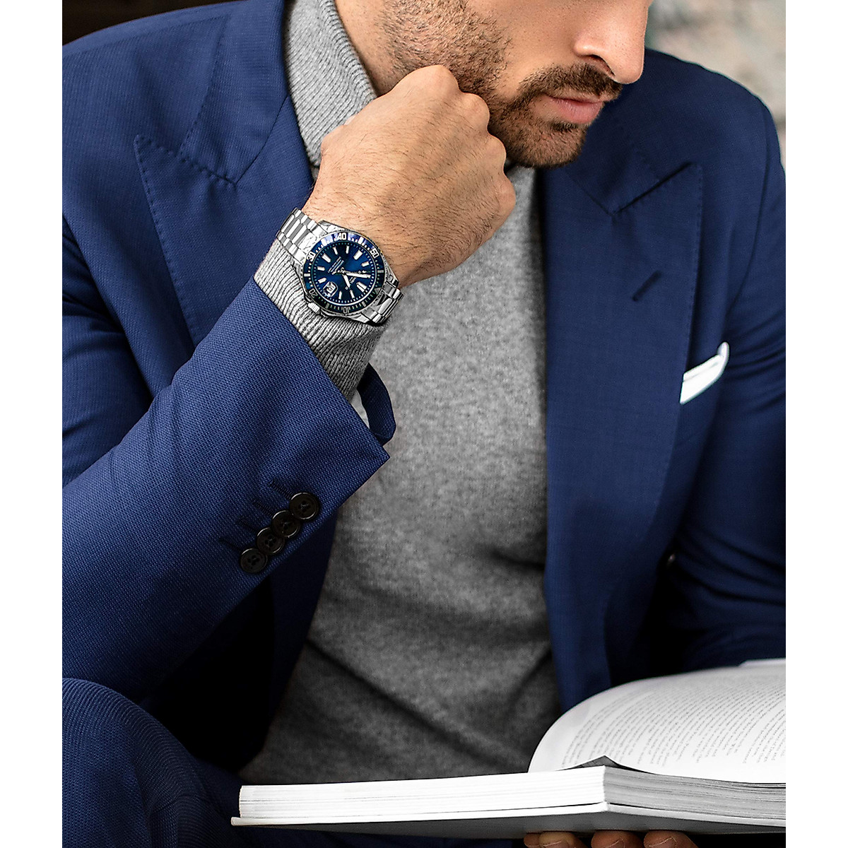 Stuhrling Original Men's Watches Pro Dive Watch Sports Watch with 42 MM Case Blue Dial Stainless Steel Silver Bracelet Diving Watch for Men (Blue)