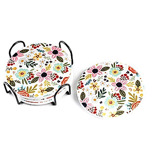 Greenline Goods Floral Coasters Ceramic - (Set of 4) Unique Boho Home Decor - Modern Boho Themed - Colored 4 Inch Diameter Light Flower Coaster with Metal Stand