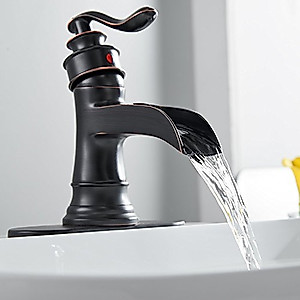 Bathroom Faucet Oil Rubbed Bronze Waterfall Sink Bath Faucets Farmhouse Spout Lavatory Vanity Deck Mount Single-Handle One Hole Matching Pop Up Drain Stopper Supply Lines Hose Lead-Free By Bathfinesse