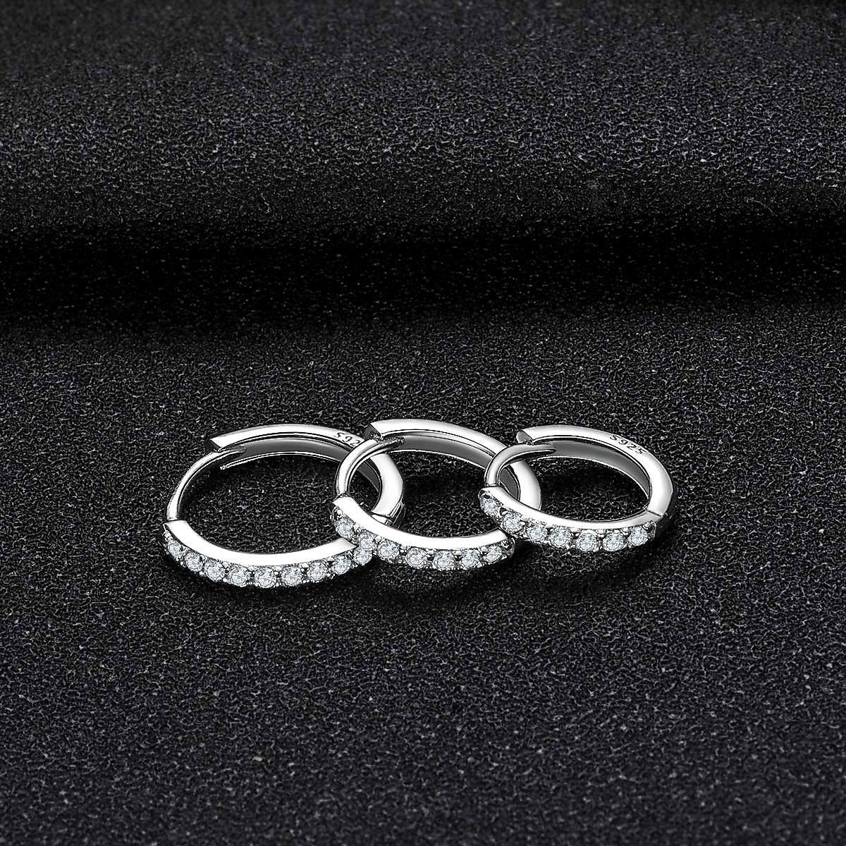 3 Pairs Sterling Silver Small Hoop Earrings Cubic Zirconia Cuff Earrings | Tiny Cartilage Huggie Hoop Earrings Piercing Jewellery for Women（8mm 10mm 12mm）