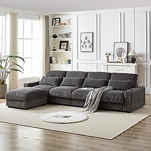 Convertible Sectional Couch Modular Sofa with Movable Ottoman,126" Upholstered Corduroy L Shaped Couch with USB Port&Cup Holder,Oversized Comfy Cloud Couch,Modern Sofa for Living Room(4 Seater,Grey)