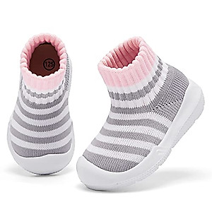 MORENDL Baby Walking Sock Shoes 2 Tiny Feet Infant Slippers Toddler Girl Boy Non-Slip Soft Sole Slip On House Shoes Pinkstripe 18-24 Months