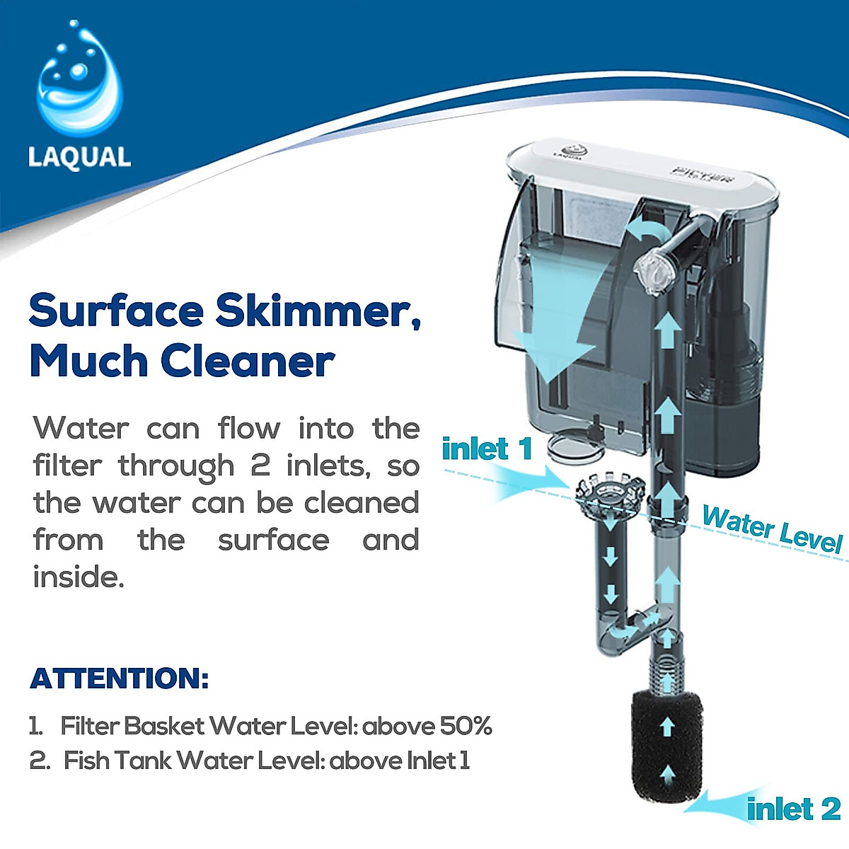 LAQUAL Aquarium Filter with Surface Skimmer, 10 Gallon Small Fish Tank Filter, 3-Layer Filtration, Adjustable Water Flow, Waterfall Design for Increasing Oxygen, Quiet & Efficient Hang on Back Filter