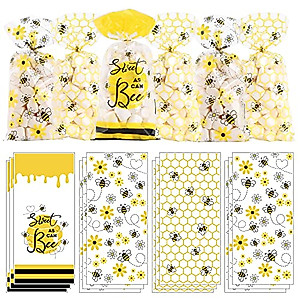 Whaline 150Pcs Bee Party Cello Bags 3 Design Honey Bee Cellophane Bags with Gold Twist Tie Cute Plastic Party Candy Goodie Treat Bags for Birthday Baby Shower Party Favor Supplies