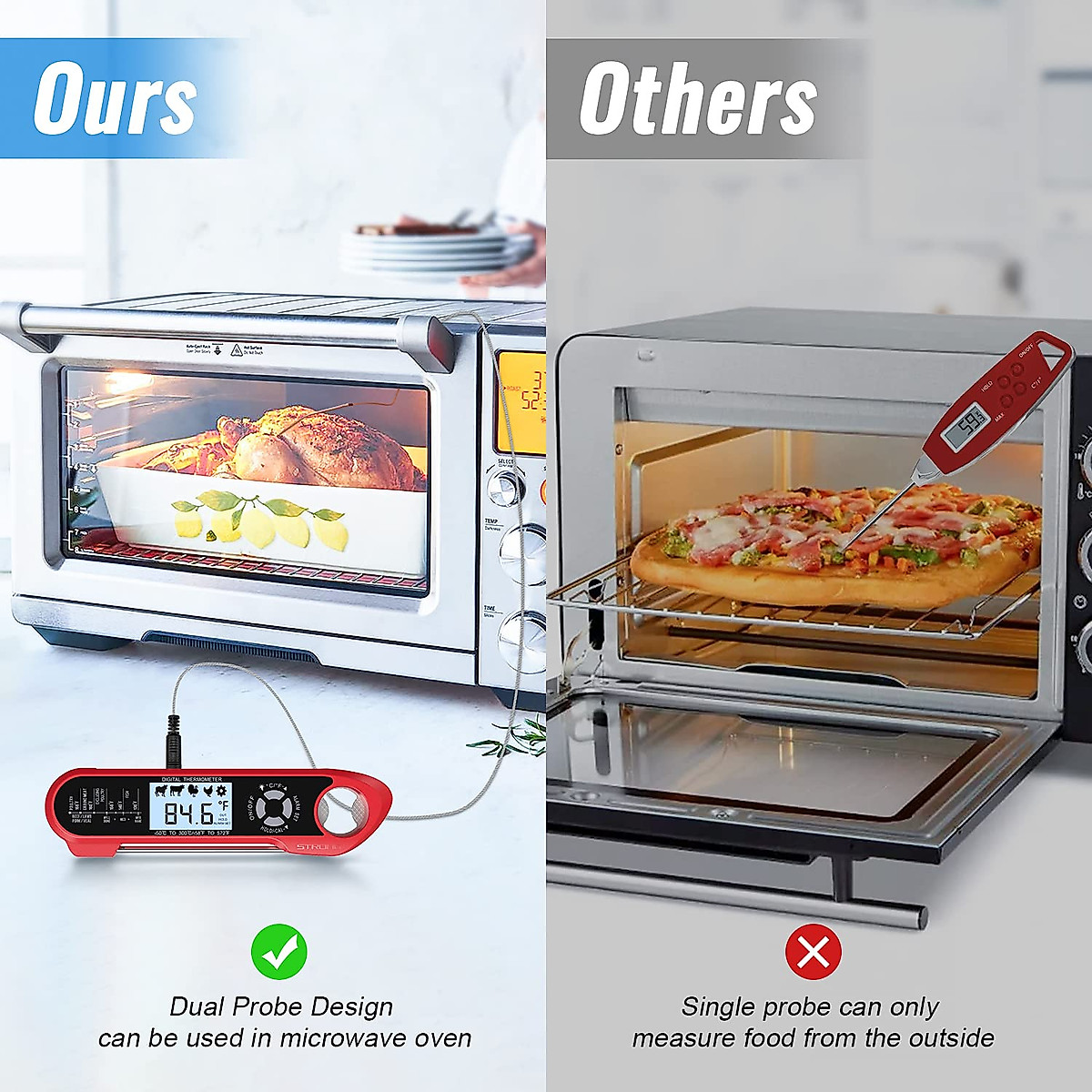 Meat Thermometer, DecorStar Dual Probe Food Thermometer with Backlight & Calibration, Digital Instant Read Meat Thermometer for Kitchen, Food Cooking, BBQ, Milk, Coffee, and Oil Deep Frying (Red)