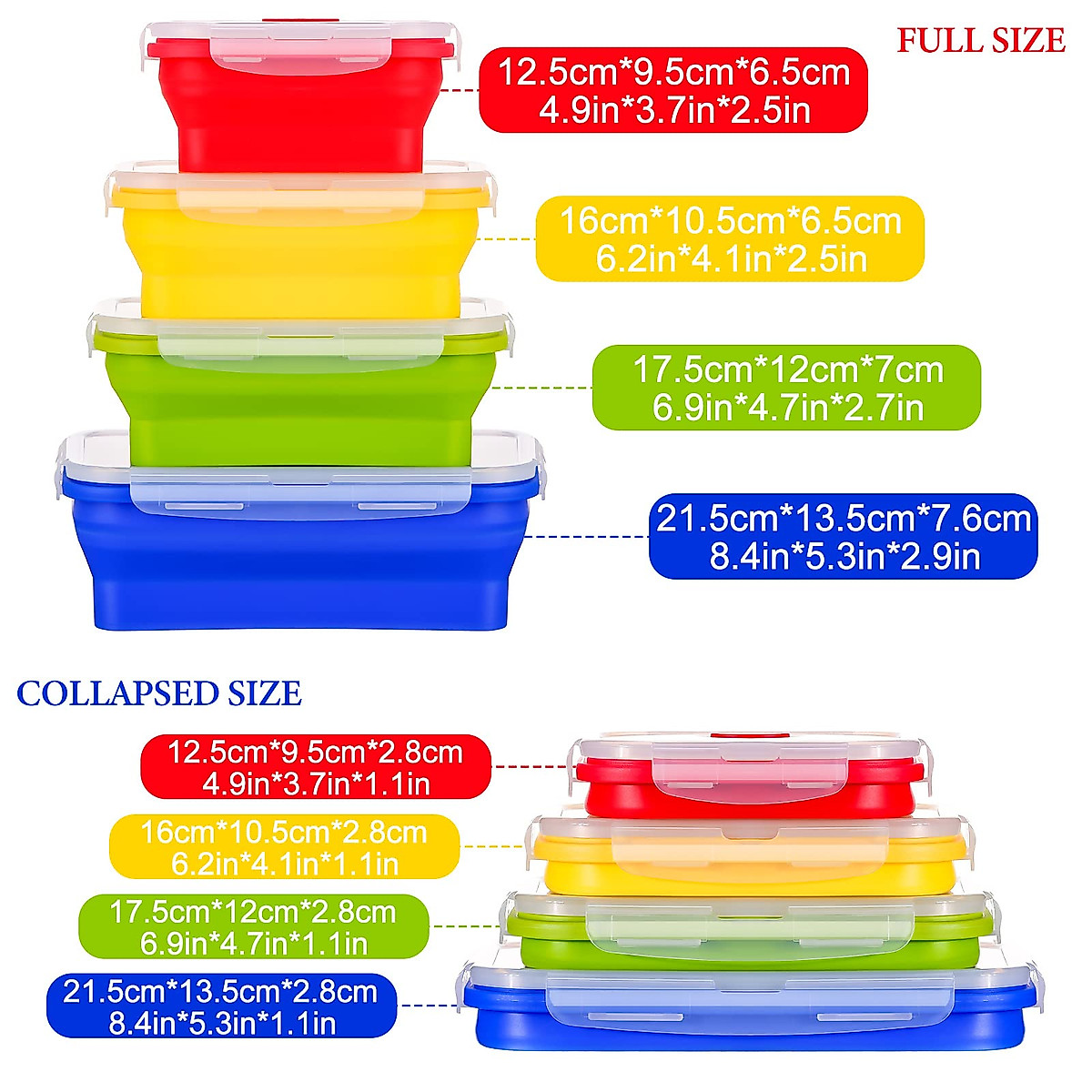 Nuenen Set of 8 Collapsible Food Storage Containers with Lids Silicone Flat Collapsible Bowls for Stacks Travel Camping Meal Prep Container for Kitchen, Freezer Microwave Dishwasher Safe (Rectangular)