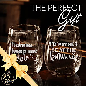 Horse Gifts for Horse Lovers - “Horses Keep Me Stable” “I’d Rather Be At The Barn” 17Oz 2PC Stemless Wine Glass Set - Funny Horse Gifts For Women - Horse Cup/Tumbler for Horse Lovers