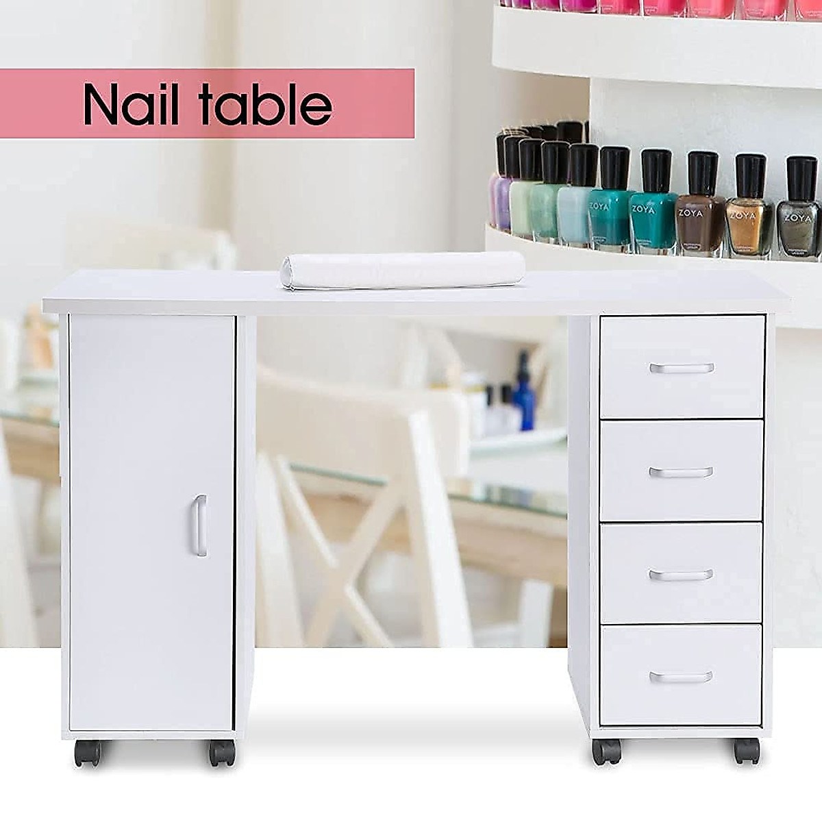 Paddie Manicure Nail Desk for Technician, Acetone Resistant Wooden Salon Spa Nail Table Station w/Cabinet, Drawers, Controllable Wheels & Client Wrist Pad