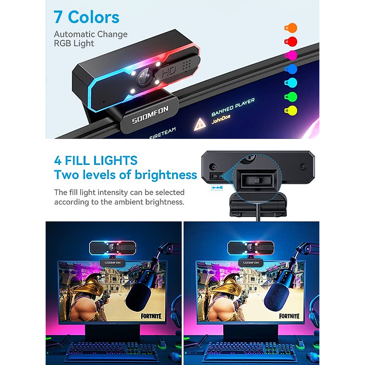 SOOMFON Gaming Webcam, 1080P 60FPS USB Streaming Web Camera with Adjustable Light, AutoFocus, Privacy Cover, Dual Noise-Cancelling Mics for Live Streaming, Video Conferencing, Teaching and More