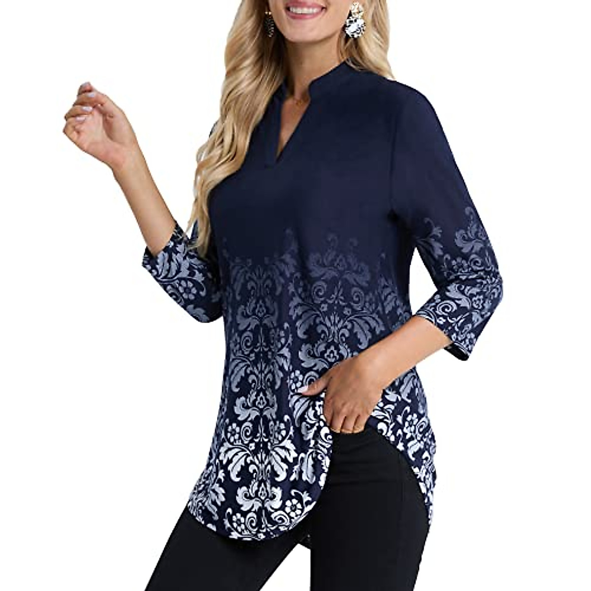 BAISHENGGT Womens Tunic Shirts 3/4 Sleeve Tops Blouses XX-Large Blue Floral