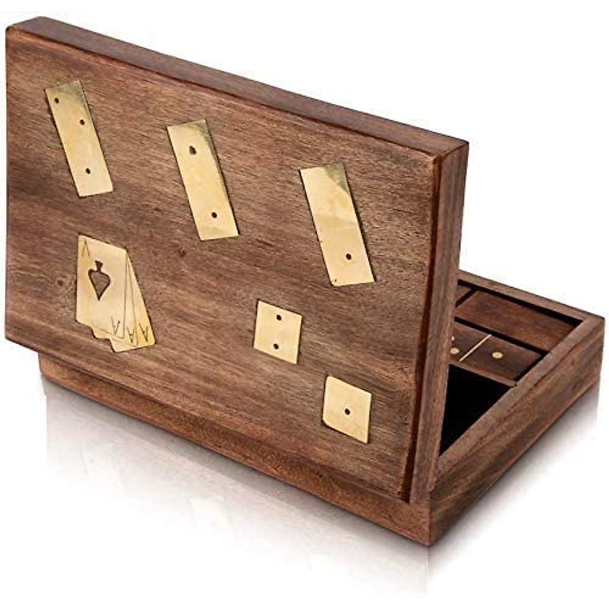 Great Gift Ideas Wooden Playing Card Box with 5 Dice & 28 Dominoes Tiles Game Set Deck Pack Case Holder Storage Accessories Organizer with Playing Cards Classic Table Game