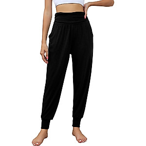 Locoowai 2 Pack Women's Yoga Joggers, Cozy Sweatpants with Pockets Casual Loose Comfy High Waisted Lounge Pants (Black, Dark Gray,Large)