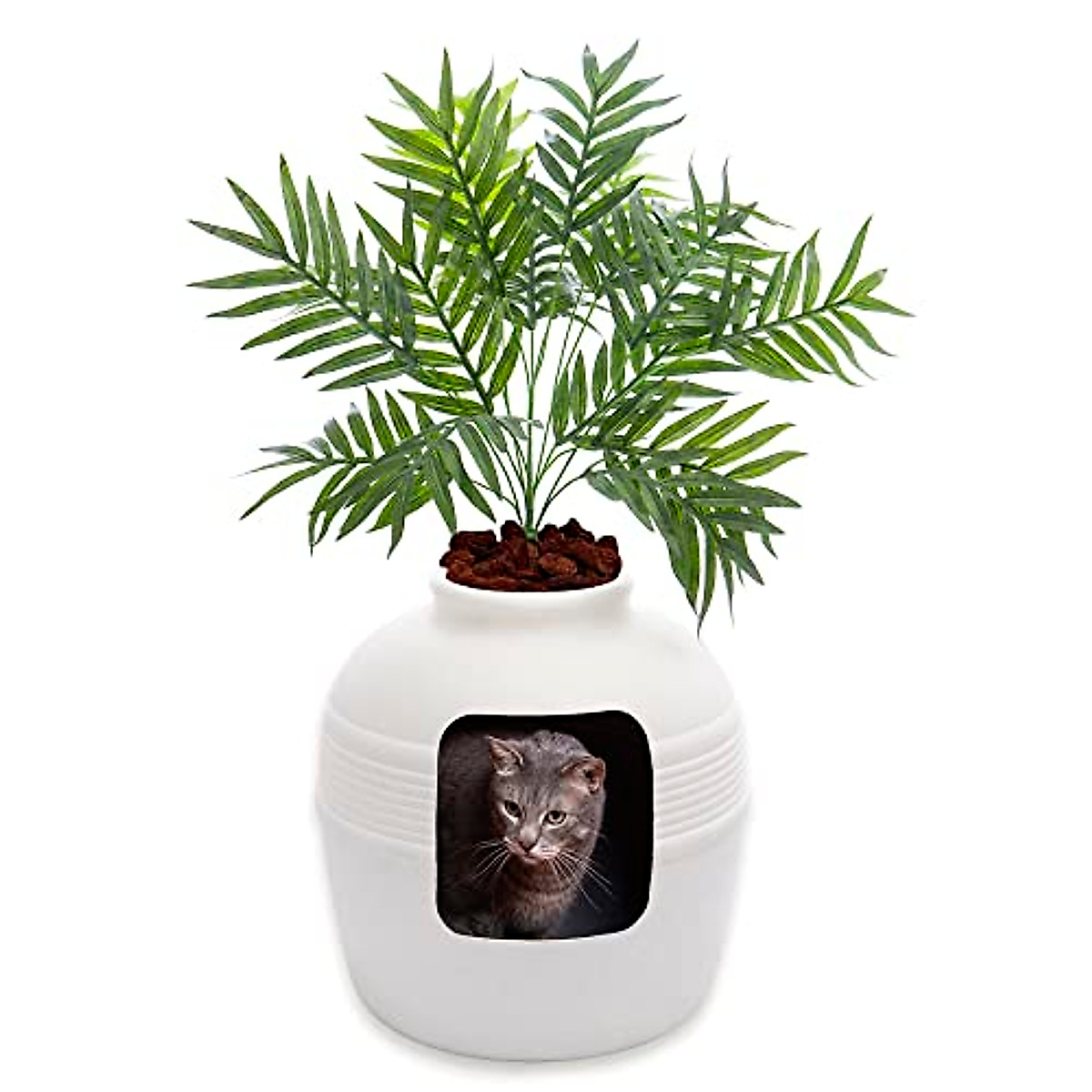 Pets Best Products - The Original Hidden Litter Box, White with Phoenix Palm Plant and Lava Rock
