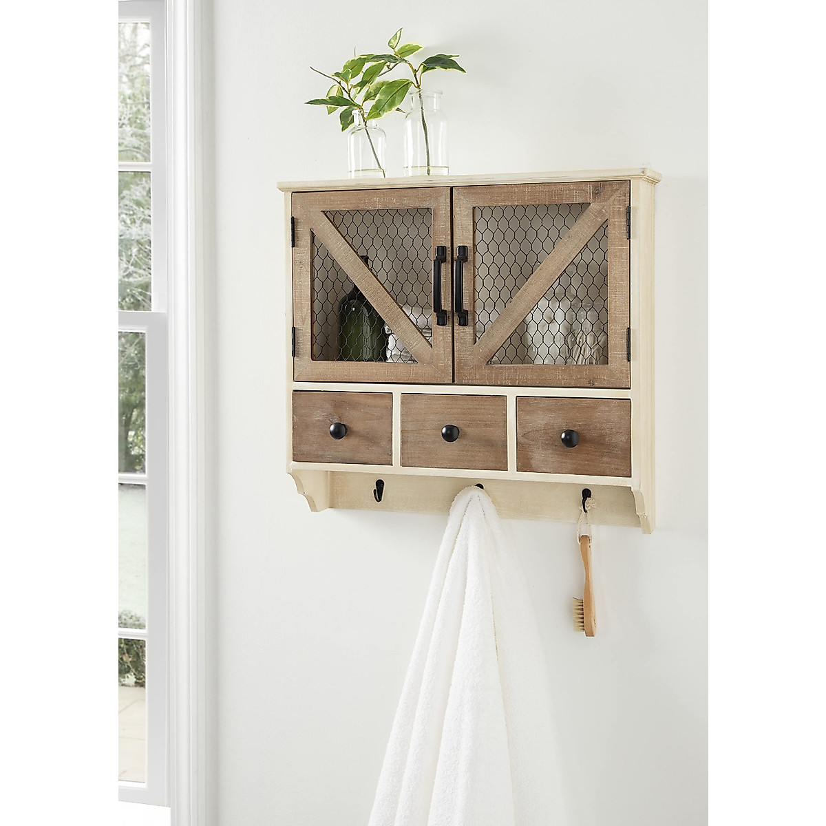 Kate and Laurel Hutchins Wooden Farmhouse Wall Cabinet, 21 x 6 x 20, Rustic Brown and White, Decorative Rustic Cabinet with Three Drawers and 2 Chicken Wire Doors