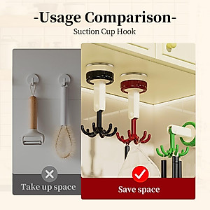 360 Degrees Rotating Folding Hook, 2024 New Suction Cup Hooks Under Cabinet Kitchen Hooks for Hanging Utensils, Utensil Rack Holder with 6 Hooks for Bathroom Towel Glass Window (Red & Black & Green)