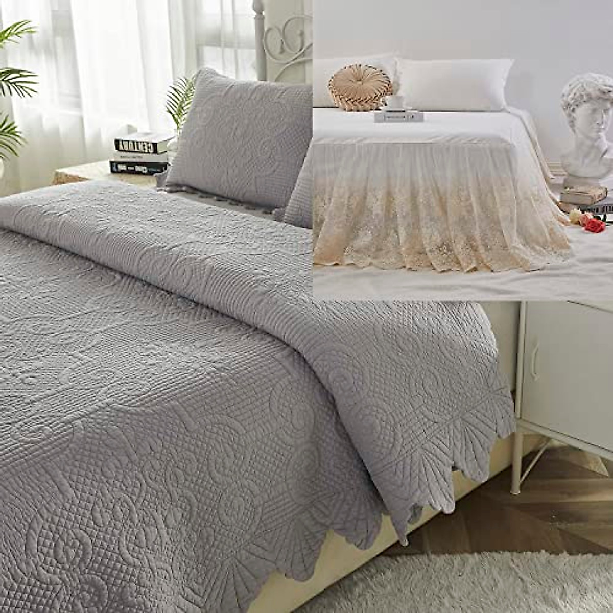Brandream 4-Piece Grey Quilt Set Cotton Queen Size Luxury Scalloped Bedding Matelasse Coverlet Quilted Comforter Set