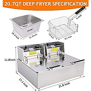 Wesoky 20.7 Qt Commercial Electric Deep Fryer with 2 Baskets, 2x6L Large Dual Tank Electric Deep Fryer Countertop for French Fries Turkey Restaurant Home Fast Oil Fryer with Temperature Control