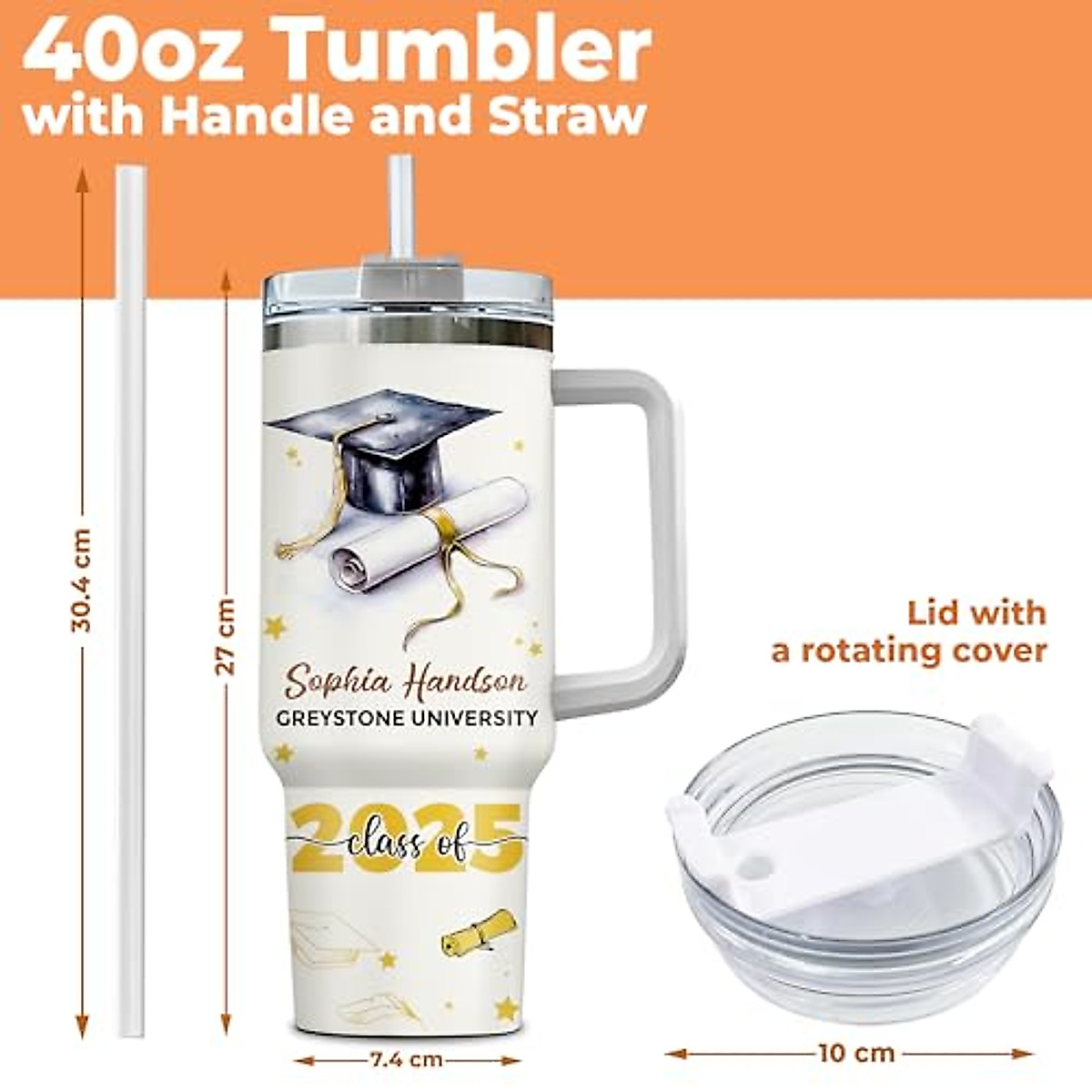 Foxcorner Personalized Graduation 2025 40oz Tumbler with Handle and Straw - Graduation Gifts for Her - Congrat Motivational Gifts For Graduates, Student, Friends - Stainless Steel Travel Cup with Lid