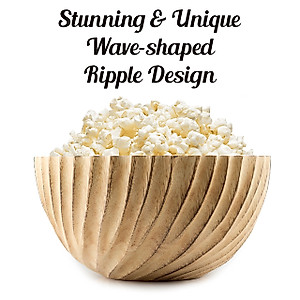 Tapeera Wooden Salad Bowl Large Serving - Hand Carved Mango Wood Fruit Bowl 10" Diameter x 5" H - Wave Design Popcorn Bowl - Large Salad Serving Bowl - Big Wooden Bowl For Food - Decorative Bowl