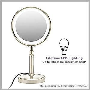 Conair Reflections Double-Sided LED Lighted Tabletop Mount Vanity Makeup Mirror, 1x/10x magnification, Satin Nickel