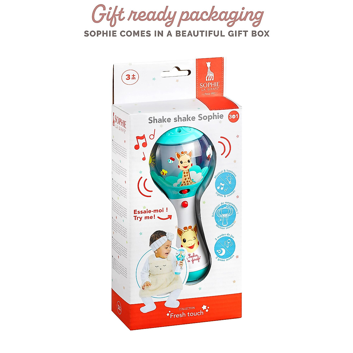 Sophie la girafe | Shake Shake Rattle | Fun & Easy to Grasp Rattle with a Motion Detector | 4 Different Musical Modes for Playtime & 6 Melodies to Soothe Baby to Sleep