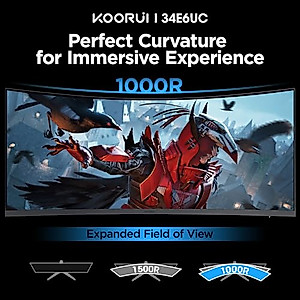 KOORUI 34-inch Ultrawide Curved WQHD 3440×1440 Gaming Monitor, 165Hz 144Hz Curved 1000R- PIP/PBP, 1ms with DisplayHDR 400, DCI-P3 90% Color Gamut, FreeSync Premium, HDMI/DisplayPort, 34E6UC