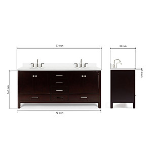 ARIEL Double Bathroom Vanity 73" Espresso with 1.5" Edge Pure White Quartz Countertop & Backsplash, Center Oval Sinks, 4 Soft Closing Doors, 6 Full Extension Dovetail Drawers, Brushed Nickel