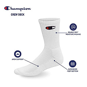 Champion Women Double Dry 6-pair Pack Logo Crew Socks, White/Black/Grey Assortment, Shoe Size 5-9 US