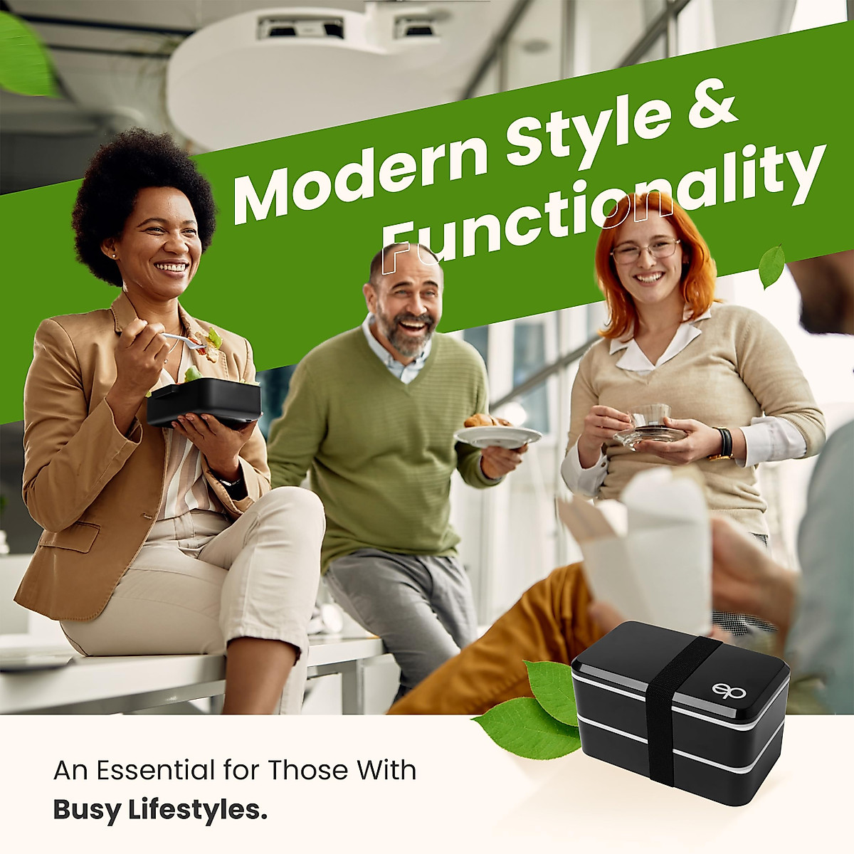 Stackable Bento Lunch Box for Adults with Utensils - Leakproof Bento Box Adult Lunch Box Containers w/ Compartments & Dividers, BPA-Free, Microwave/Dishwasher Safe, 5" x 7" x 4.5", Black w/ Strap