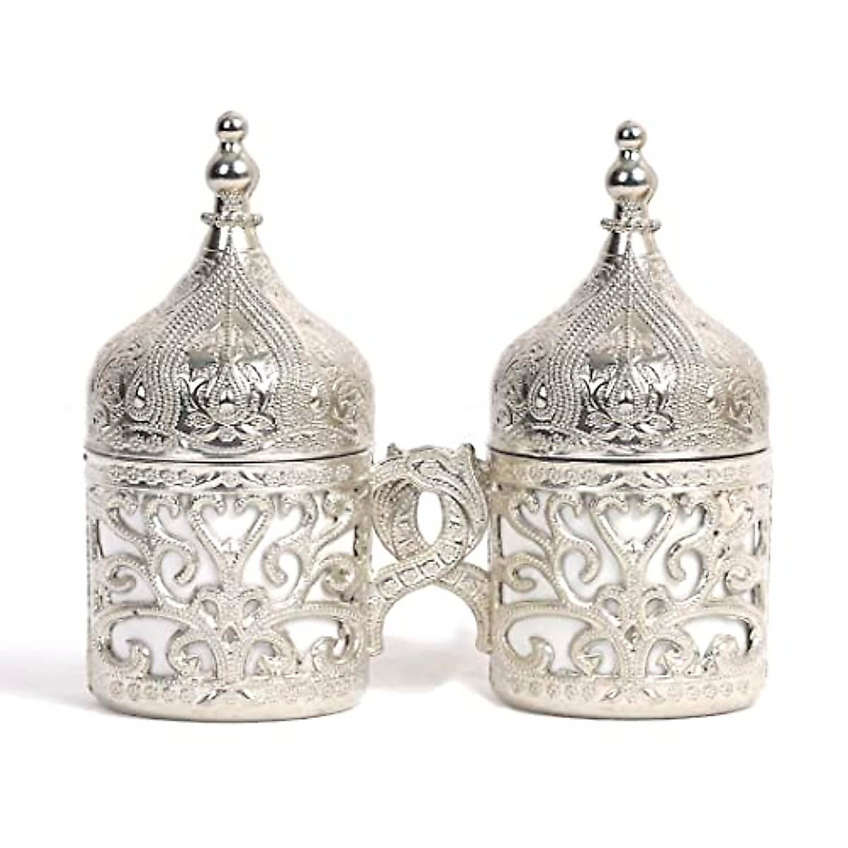 Küchengeräte Turkish Greek Arabic Moroccan Coffee Cup - Set of 2 - Espresso Cup with Inner Porcelain Metal Holder Plate and Lid - 2 Cups Consists of 8 Pcs - Best Gift Idea