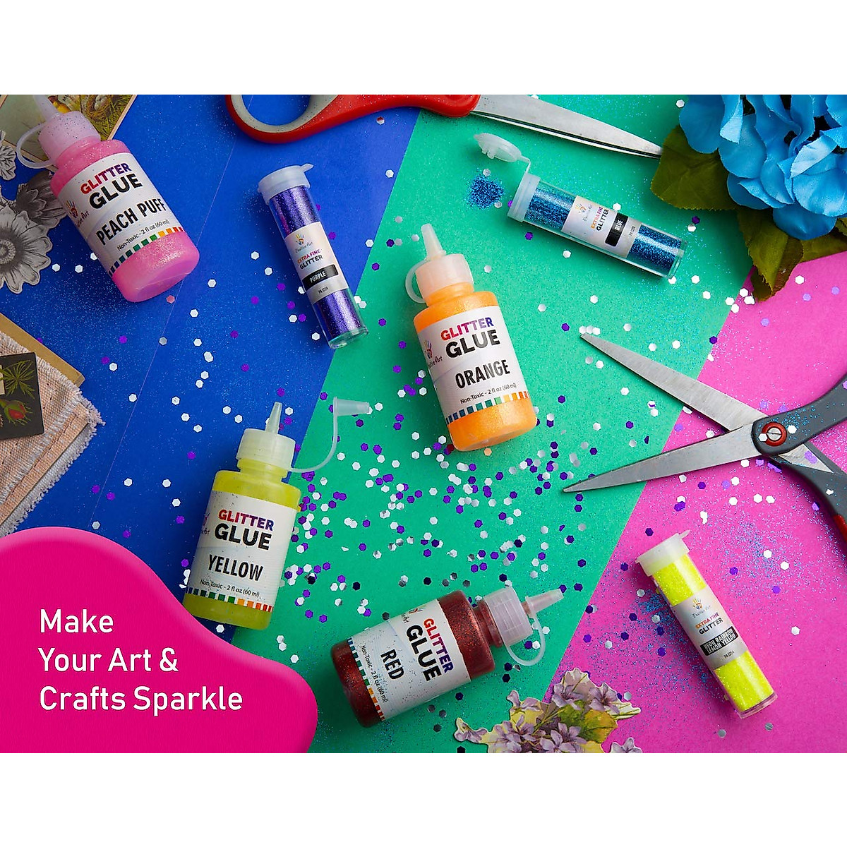 Extra Fine Glitter Set of 60 Vibrant Colors | Color Powder in Leak-Proof Shaker Jars (0.32oz/9g) | Arts & Crafts Glitter Kit Glows Under UV Light | Use for Projects, Slime, Nails, Body, Face & More