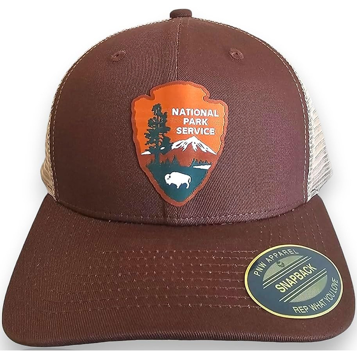 National Park Service Trucker mens Snapback Hat with National Park Service (NPS) Woven Patch (Brown on Khaki)