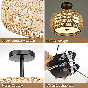FRIDEKO HOME 3-Light Semi Flush Mount Ceiling Light - Woven Rattan Light Fixtures Ceiling Mount Boho Light Fixture with Fabric Shade Ceiling Light Fixture for Bedroom Kitchen Hallway Dining Room