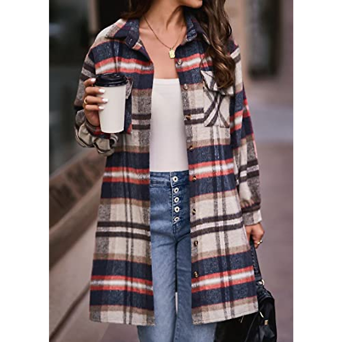 BTFBM Women's Corduroy Shacket Jacket Shirts Lapel Long Sleeve Oversized 2023 Fall Winter Button Down Shirt Dress Pocket(Plaid Khaki, Medium)