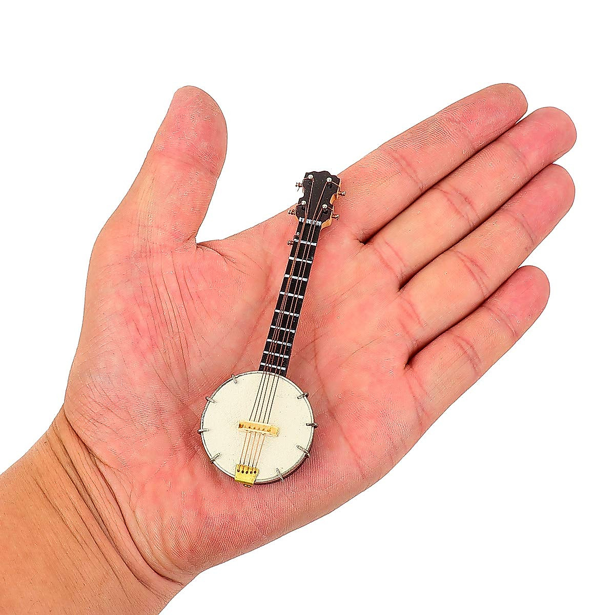 Dselvgvu Wooden Miniature Banjo with Stand and Case Mini Musical Instrument Banjo Replica Collectible Figurines Dollhouse Accessories Model Home Decoration Display Ornament (3.94"x1.31"x0.55")