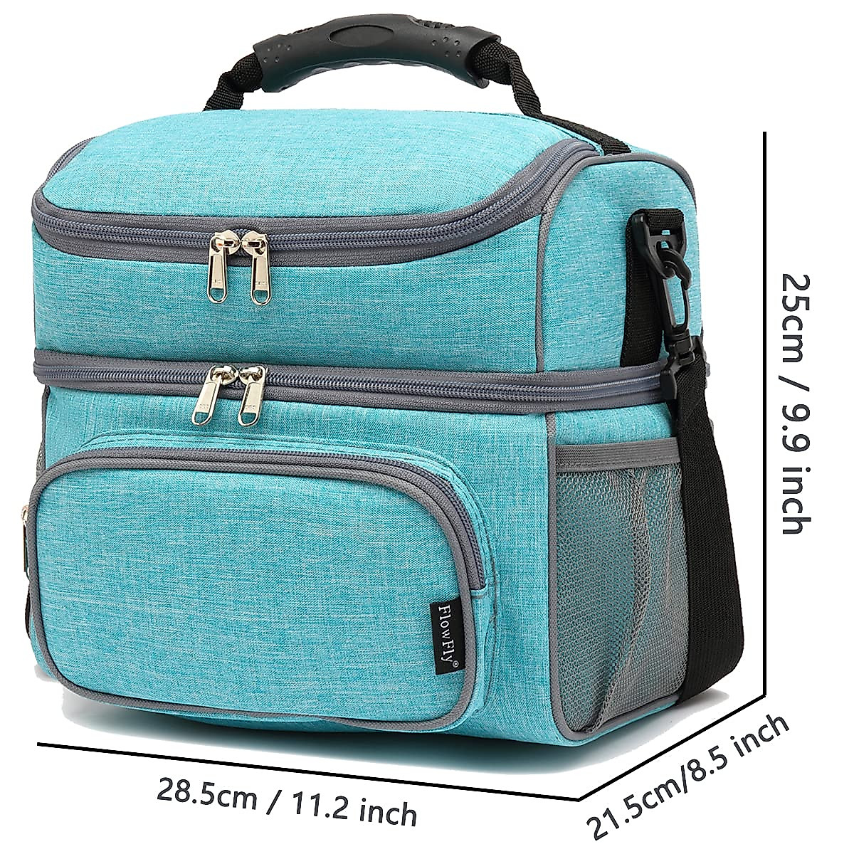 FlowFly Double Layer Cooler Insulated Lunch Bag Adult Lunch Box Large Tote Bag for Men, Women, With Adjustable Strap,Front Pocket and Dual Large Mesh Side Pockets,Sea Blue
