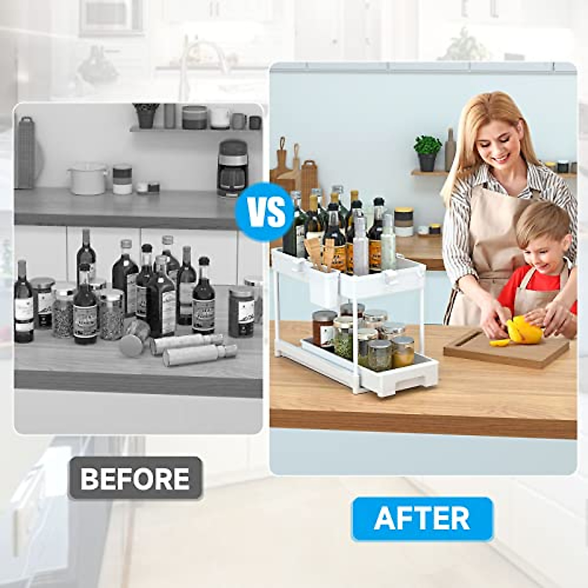 Luyata 2 Pack Under Sink Organizer, 2 Tier Pull Out Under Sink Cabinet Organizer, Sliding out Drawer Basket Storage Organizer Shelf for Kitchen Bathroom, with Hooks, Hanging Cups, Dividers, White