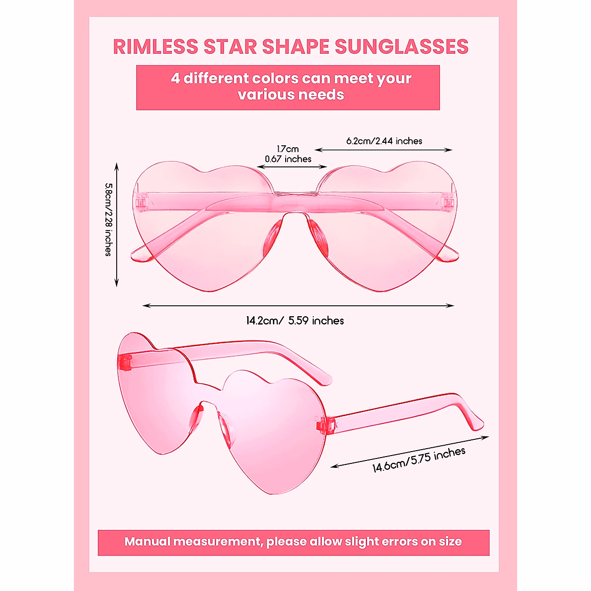 Dunzy 100 Pairs Heart Shaped Sunglasses Rimless Heart Sunglasses Candy Color Eyewear Party Wedding Glasses(Colorful)