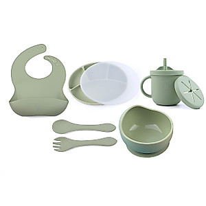 Silicone Feeding Utensils Set 8Pcs For Baby- Led Weaning Essentials-Divided Suction Plate-Lid-Bowl-Fork-Spoon-Adjustable Bib-2in1 Drinking + Snack Cup, Gift for Infant and Toddler (Oliver Green)