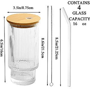CAYOREPO 4 Pcs Set 16oz Ribbed Drinking Glasses with Bamboo Lids and Straws, Ribbed Glass Cups, Stackable Glasses, Vintage Water Glasses for Juice, Beer, Coffee, Tea and Cocktail (Clear(4Pcs))