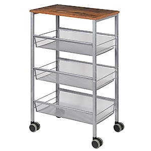 NORCEESAN Kitchen Cart 4 Tier Island Rolling Cart with Wood Shelf Serving Cart on Wheels for Bathroom Mesh Rolling Carts Industrial Storage Cart for Bedroom Living Room, Modern Silver