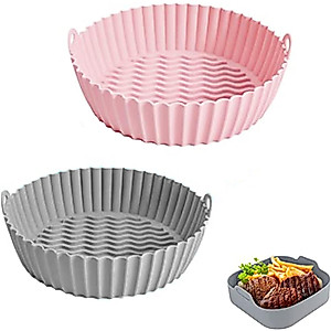 2 Pack Square and Round Air Fryer Silicone Liners | Silicone Air Fryer Liners Pot 2 to 5 QT Replacement of Parchment Paper Liners, Non-Stick, Food Grade, Oven Accessories Reusable Liners Pink + Grey