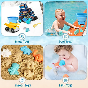 FHOZGECY Beach Toys, 23Pcs Sand Toys, Sandbox Toys with Dump Truck, Collapsible Sand Bucket, Shovel Set, Sand Castle Kit, Animal Dinosaur Molds, Mesh Bag, Travel Toys for Kids Toddlers Boys Girls